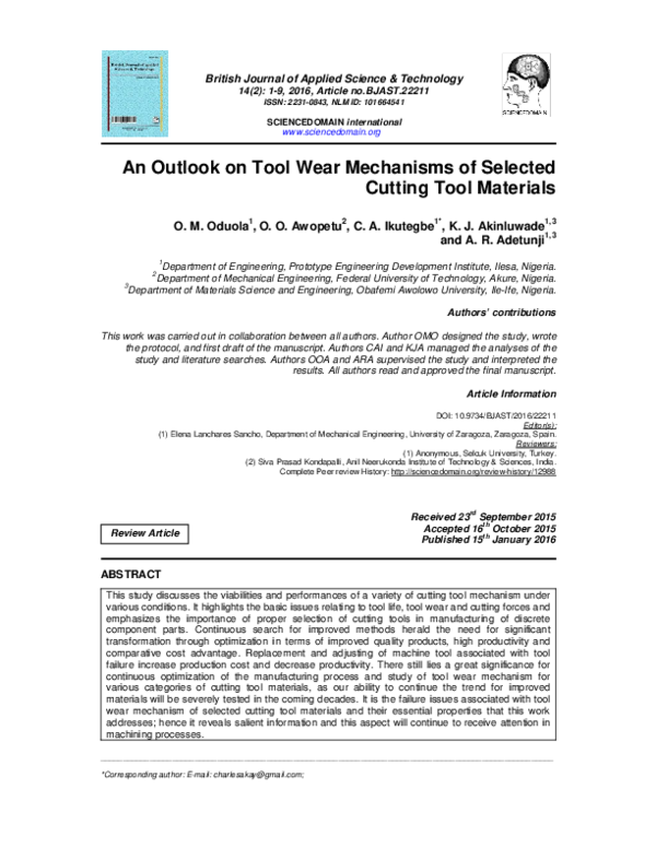 (PDF) An Outlook on Tool Wear Mechanisms of Selected Cutting Tool Materials