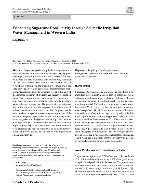 (PDF) Enhancing Sugarcane Productivity through Scientific Irrigation Water Management in Western ...