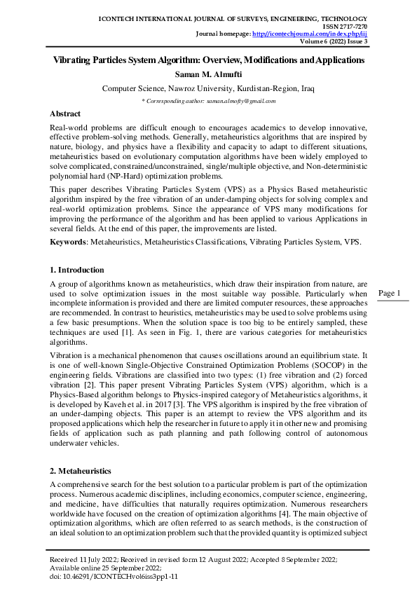 Vibrating Particles System Algorithm: Overview, Modifications and Applications