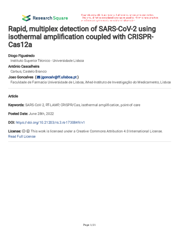 (PDF) Rapid, multiplex detection of SARS-CoV-2 using isothermal amplification coupled with ...