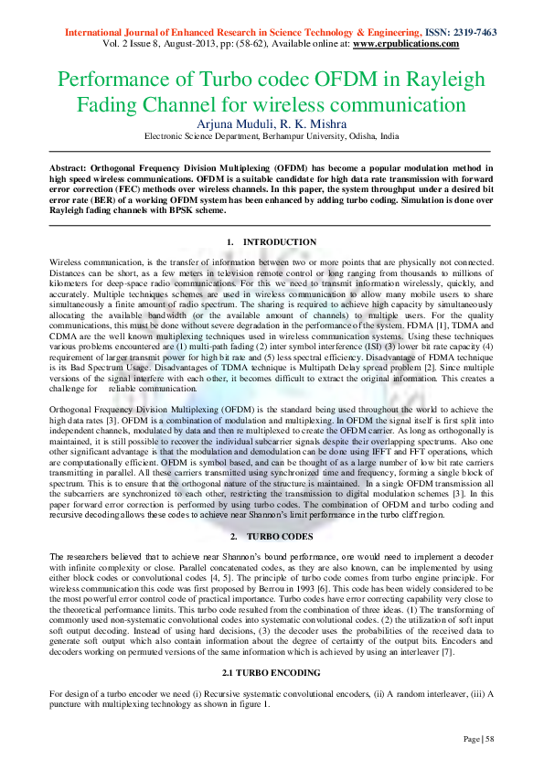 (PDF) Performance of Turbo codec OFDM in Rayleigh fading channel for Wireless communication