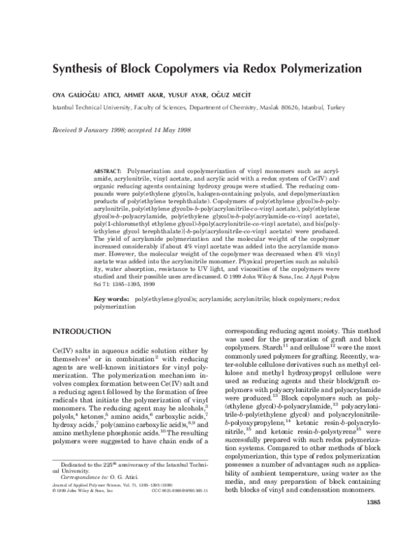 Pdf Synthesis Of Block Copolymers Via Redox Polymerization
