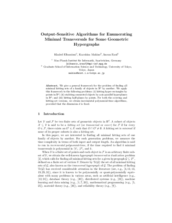 Pdf Output Sensitive Algorithms For Enumerating Minimal Transversals For Some Geometric