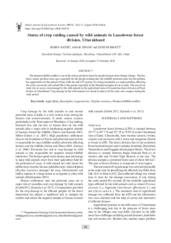 (PDF) Status of crop raiding caused by wild animals in Lansdowne forest ...