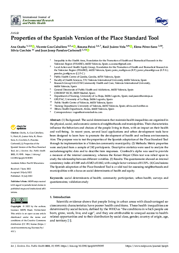(PDF) Properties of the Spanish Version of the Place Standard Tool