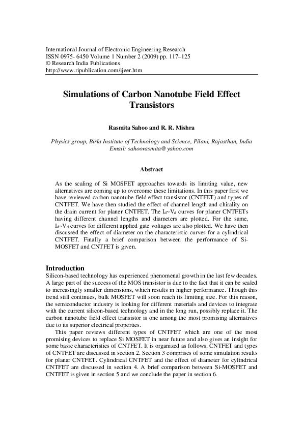 Pdf Simulations Of Carbon Nanotube Field Effect Transistors