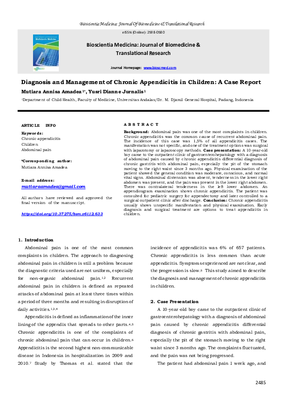 (PDF) Diagnosis and Management of Chronic Appendicitis in Children: A ...