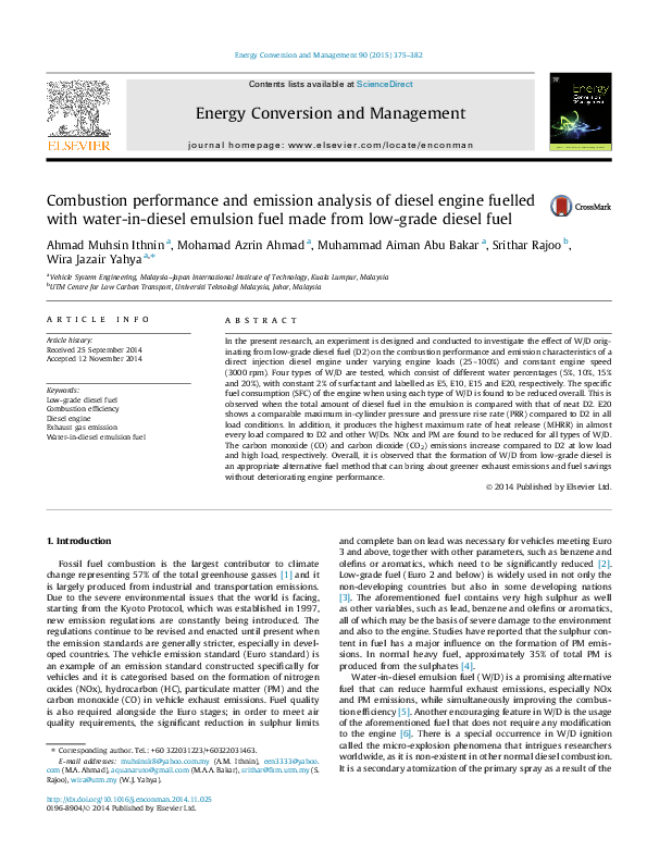 (PDF) Combustion performance and emission analysis of diesel engine ...