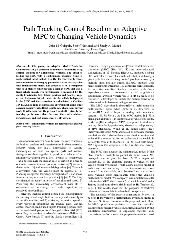 (PDF) Path Tracking Control Based on an Adaptive MPC to Changing Vehicle Dynamics