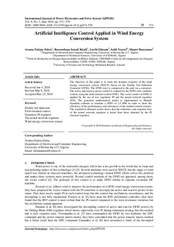 (PDF) Artificial Intelligence control applied in wind energy conversion system
