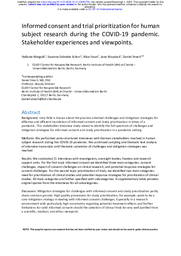 (PDF) Informed consent and trial prioritization for human subject research during the COVID-19 ...
