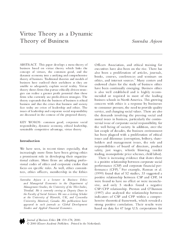 (PDF) Virtue Theory as a Dynamic Theory of Business