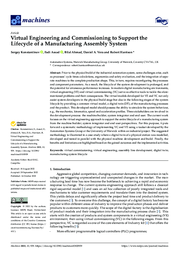 (PDF) Virtual Engineering and Commissioning to Support the Lifecycle of a Manufacturing Assembly ...