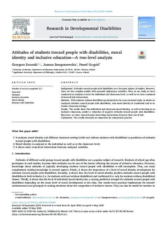 (PDF) Attitudes of students toward people with disabilities, moral identity and inclusive ...