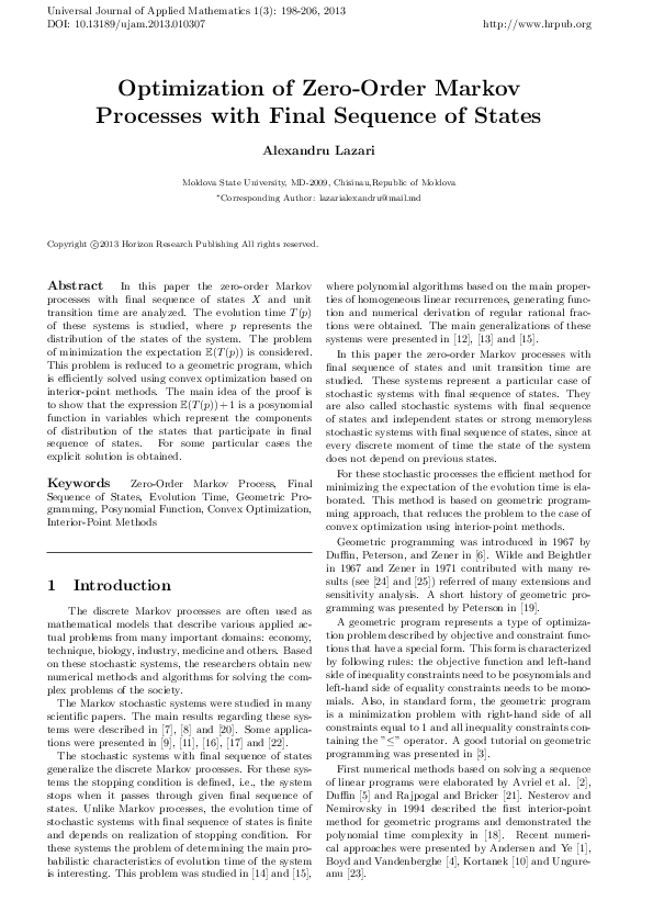 (PDF) Optimization of Zero-Order Markov Processes with Final Sequence ...