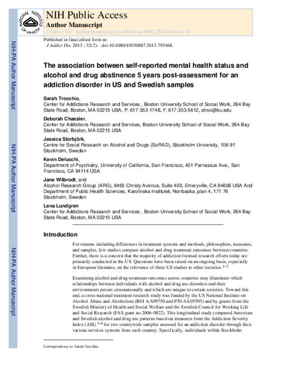 (PDF) The association between self-reported mental health status and alcohol and drug abstinence ...
