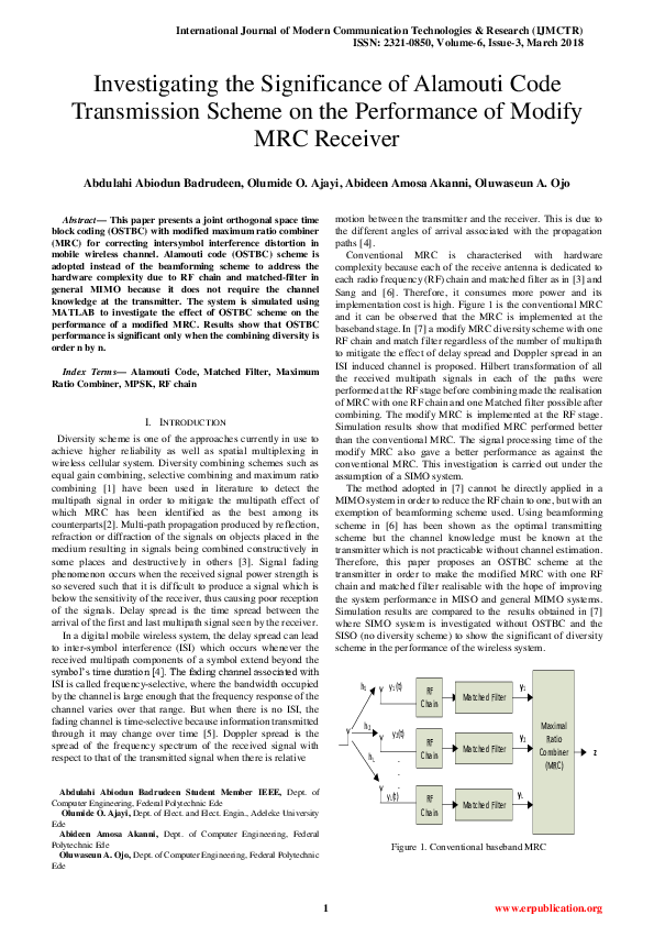 (PDF) Impact of Alamouti OSTBC on Modified MRC Receiver Performance