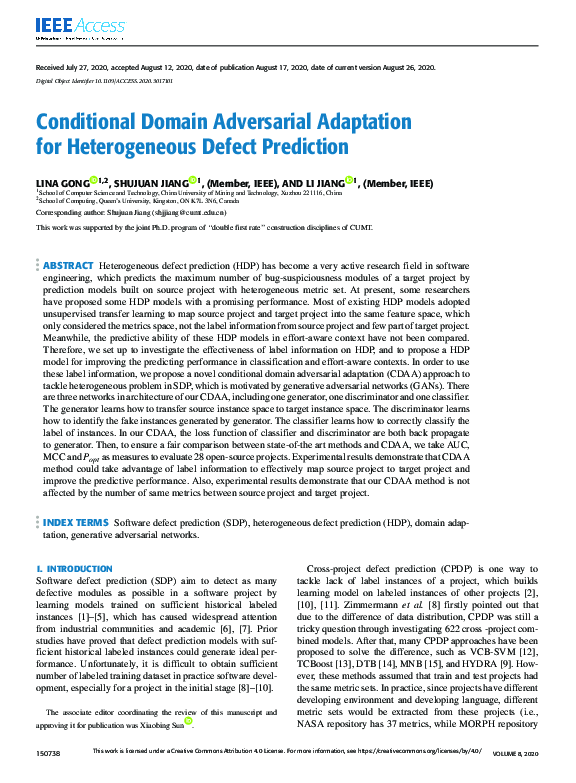(PDF) Conditional Domain Adversarial Adaptation for Heterogeneous Defect Prediction