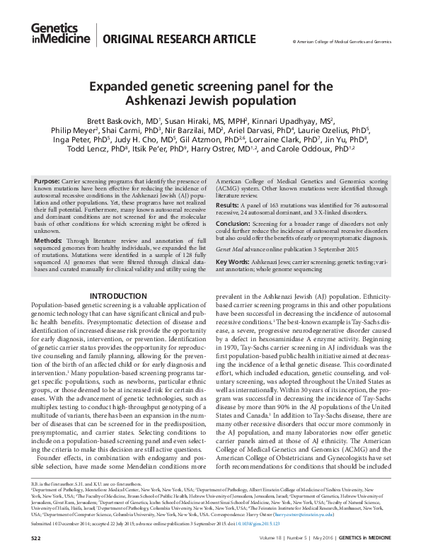 (PDF) Expanded genetic screening panel for the Ashkenazi Jewish ...