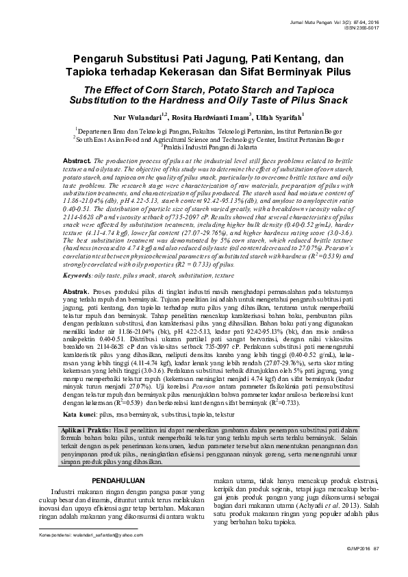 (PDF) Pengaruh Substitusi Pati Jagung, Pati Kentang, dan Tapioka terhadap Kekerasan dan Sifat ...
