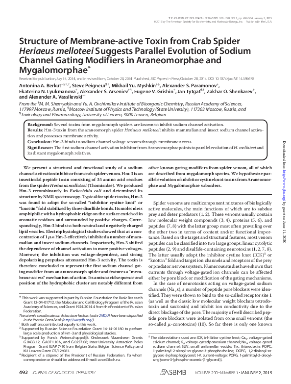(PDF) Structure of Membrane-active Toxin from Crab Spider Heriaeus ...
