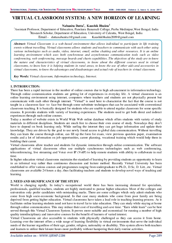 (PDF) International Journal for Innovative Research in Multidisciplinary Field Virtual Classroom ...