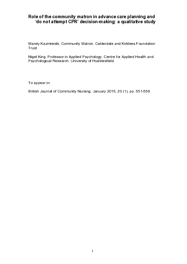 (PDF) Role of the community matron in advance care planning and 'do not ...