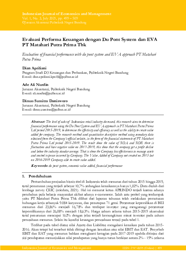 (PDF) Evaluasi Performa Keuangan dengan Du Pont System dan EVA PT Matahari Putra Prima Tbk ...