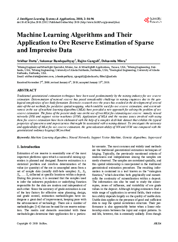 (PDF) Machine Learning Algorithms and Their Application to Ore Reserve ...