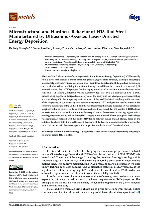 (PDF) Microstructural and Hardness Behavior of H13 Tool Steel Manufactured by Ultrasound ...