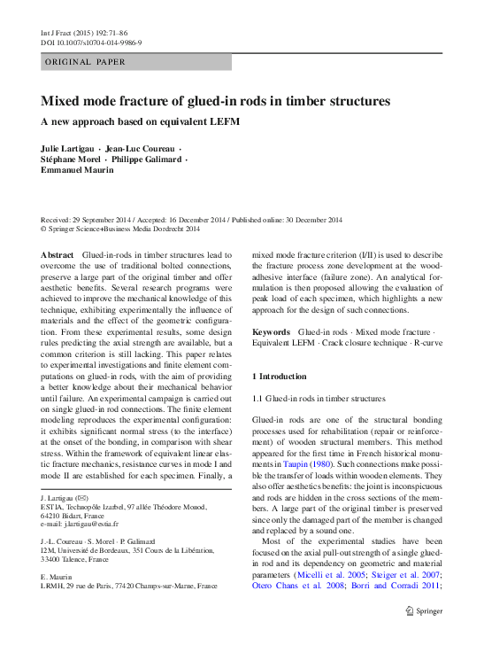 (PDF) Mixed mode fracture of glued-in rods in timber structures