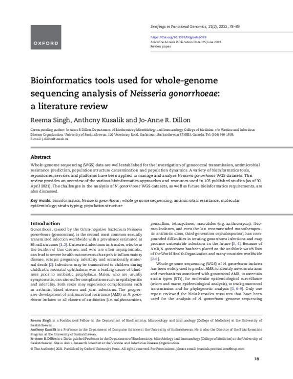 (PDF) Bioinformatics tools used for whole-genome sequencing analysis of Neisseria gonorrhoeae: a ...