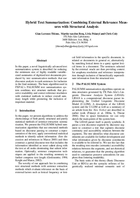 Pdf Hybrid Text Summarization Combining External Relevance Measures With Structural Analysis