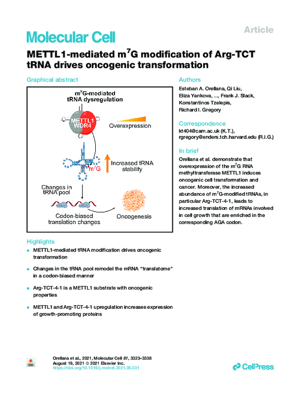 (PDF) METTL1-mediated m7G modification of Arg-TCT tRNA drives oncogenic ...