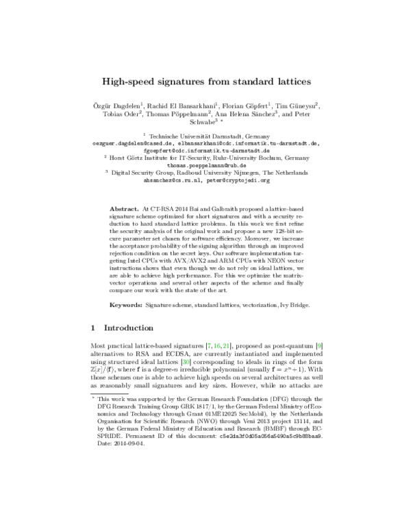 (PDF) High-Speed Signatures from Standard Lattices