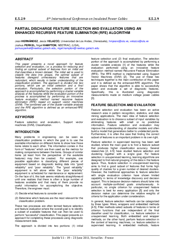 (PDF) Partial Discharge Feature Selection and Evaluation Using an Enhanced Recursive Feature ...