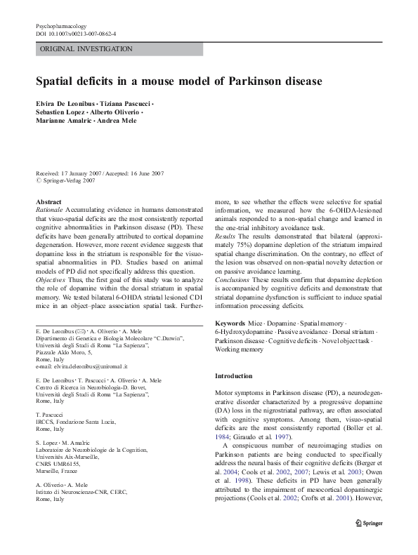(PDF) Spatial deficits in a mouse model of Parkinson disease | Andrea ...