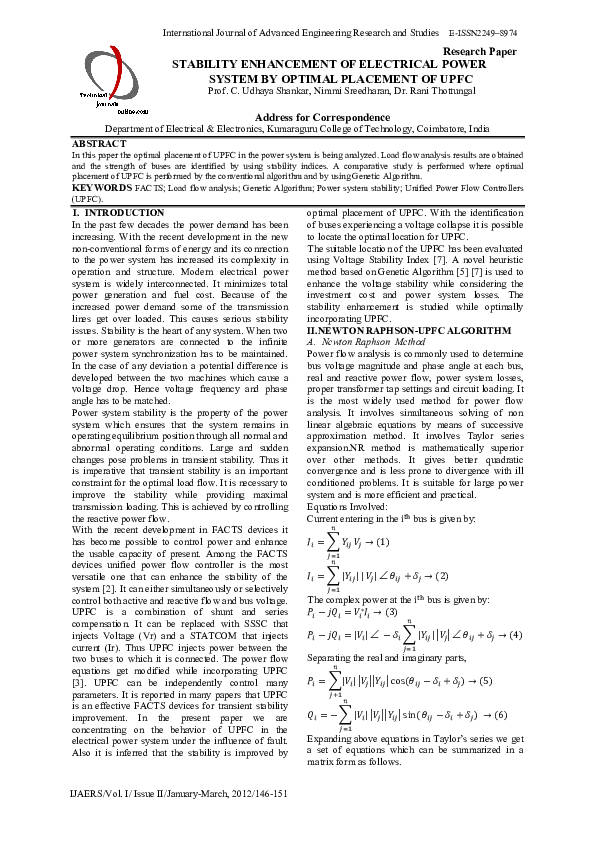 (PDF) Stability Enhancement of Electrical Power System by Optimal Placement of Upfc