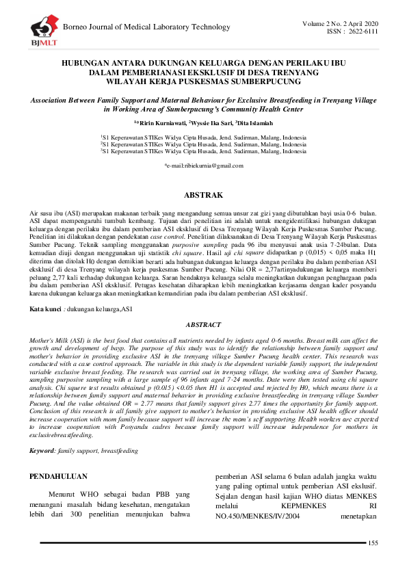 (PDF) Hubungan antara Dukungan Keluarga dengan Perilaku Ibu dalam Pemberian ASI Eksklusif DI ...