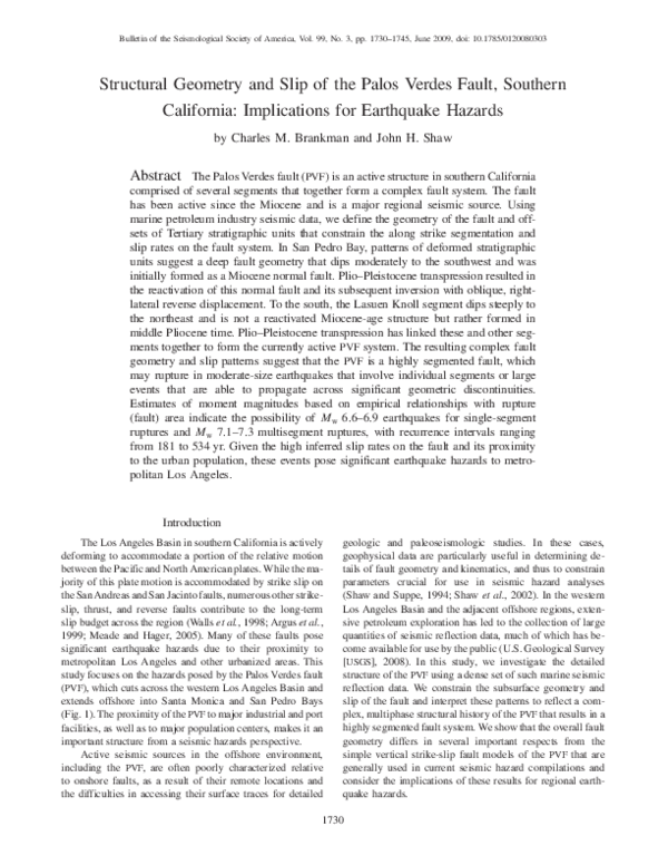 (PDF) Structural Geometry and Slip of the Palos Verdes Fault, Southern ...