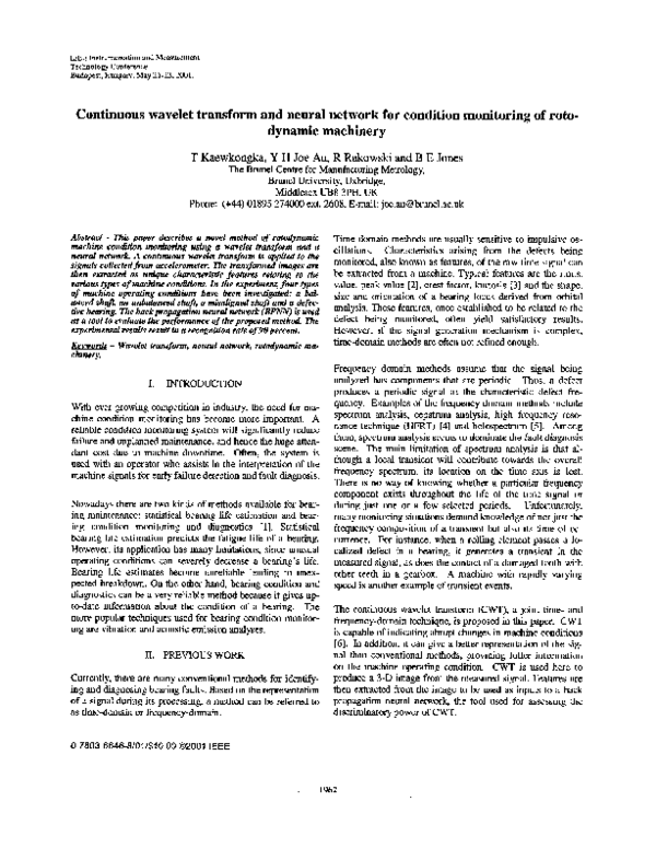 Pdf Continuous Wavelet Transform And Neural Network For Condition Monitoring Of Rotodynamic
