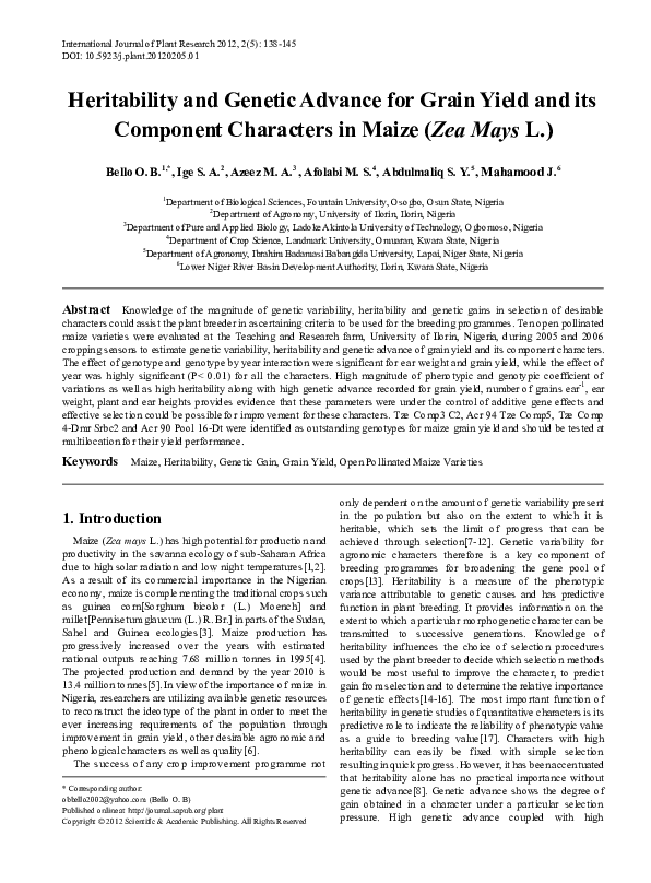 (PDF) Heritability and Genetic Advance for Grain Yield and its Component Characters in Maize ...