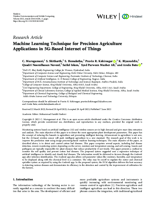 (PDF) Machine Learning Technique for Precision Agriculture Applications in 5G-Based Internet of ...