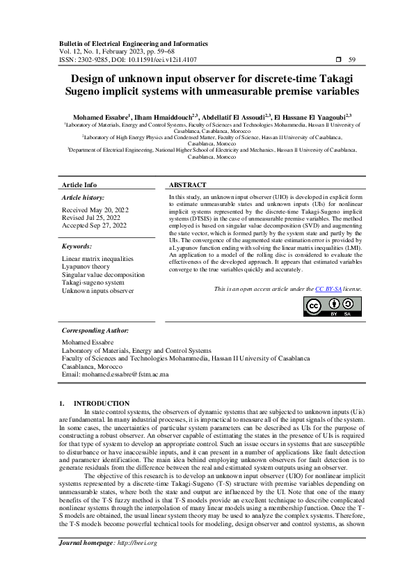 Pdf Design Of Unknown Input Observer For Discrete Time Takagi Sugeno