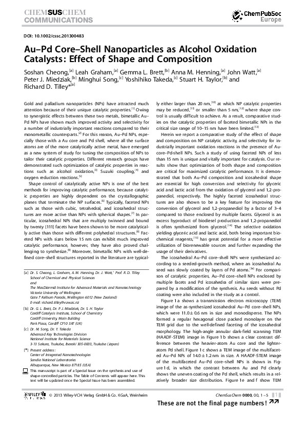 (PDF) Au-Pd Core-Shell Nanoparticles as Alcohol Oxidation Catalysts ...