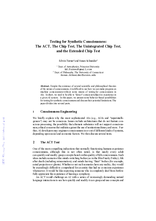 (PDF) Testing for synthetic consciousness: The ACT, the chip test, the ...