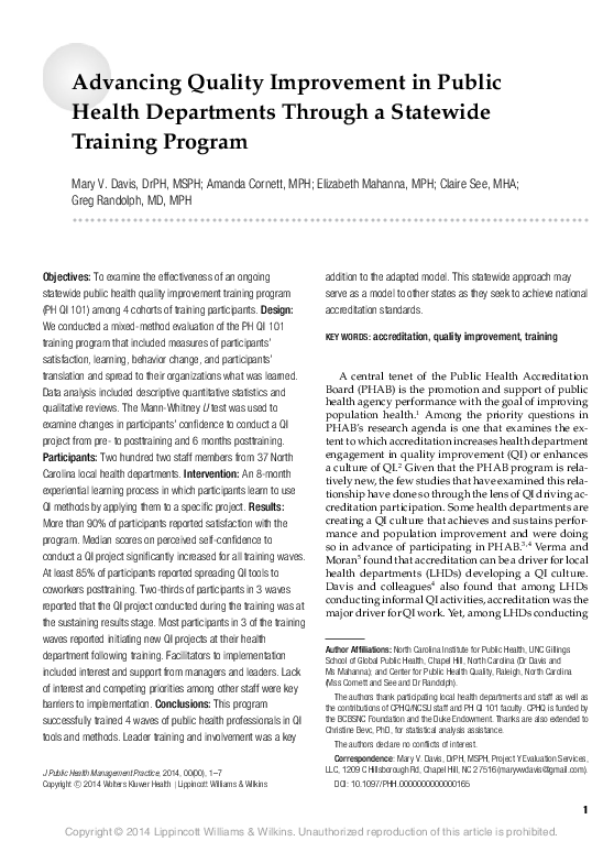 (PDF) Advancing Quality Improvement in Public Health Departments Through a Statewide Training ...