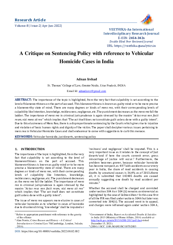 (PDF) A Critique on Sentencing Policy with reference to Vehicular ...