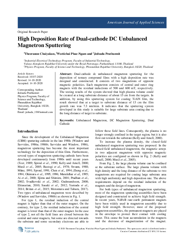 (PDF) High Deposition Rate of Dual-cathode DC Unbalanced Magnetron ...