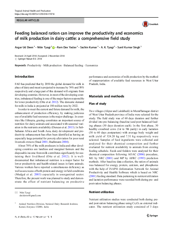 (PDF) Feeding balanced ration can improve the productivity and economics of milk production in ...